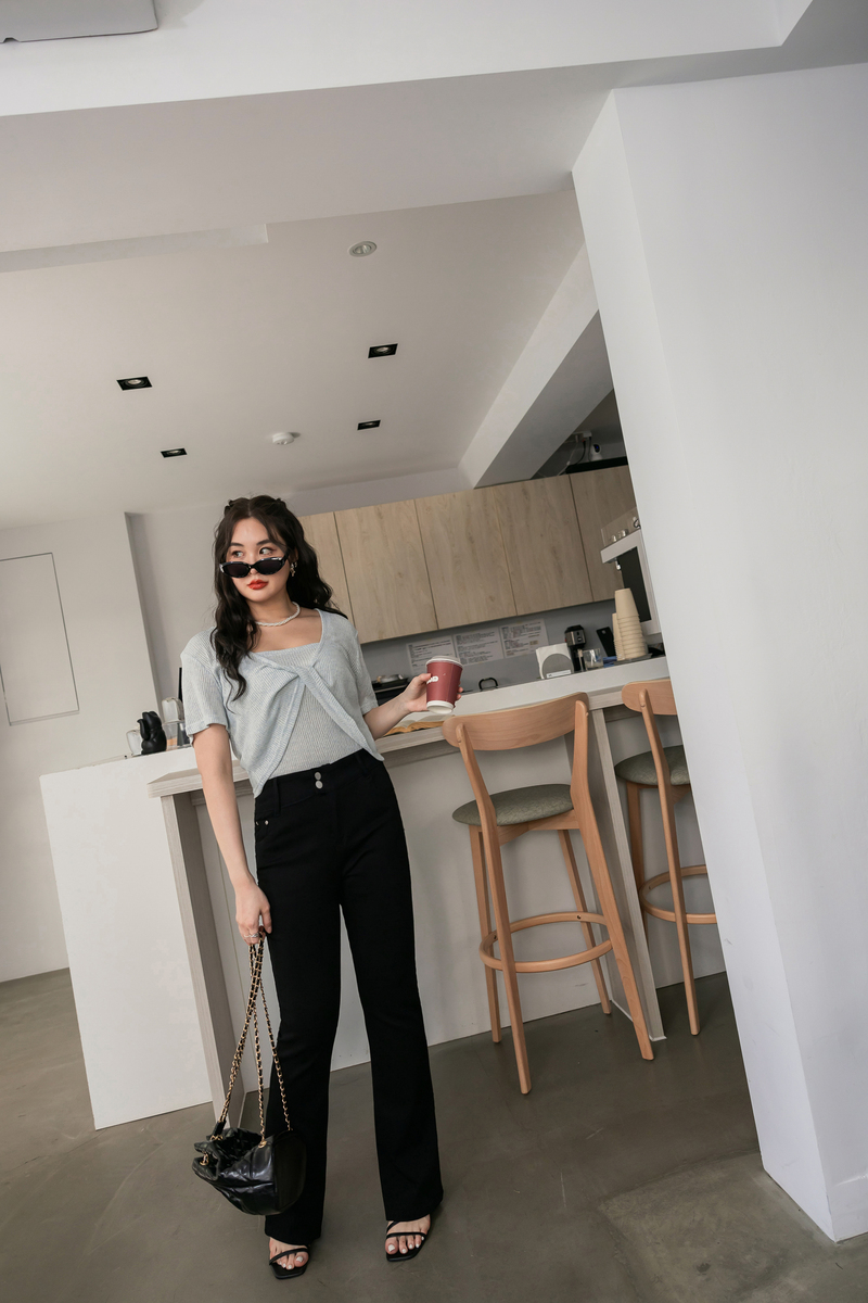 -5KG高個女孩限定-雙釦小喇叭彈力黑褲 - SEOUL MATE 首爾妹